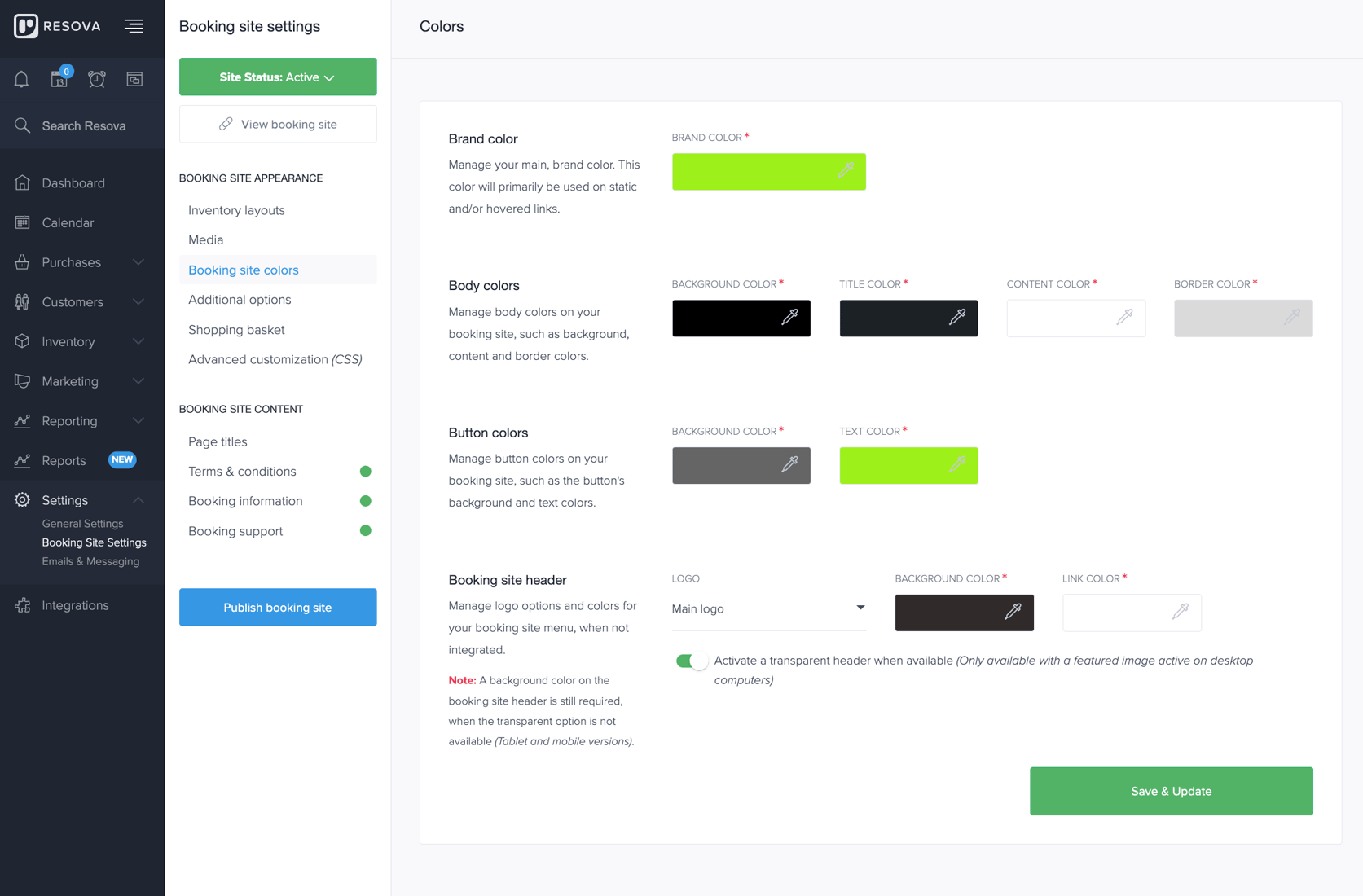Configuring Booking Site Colors